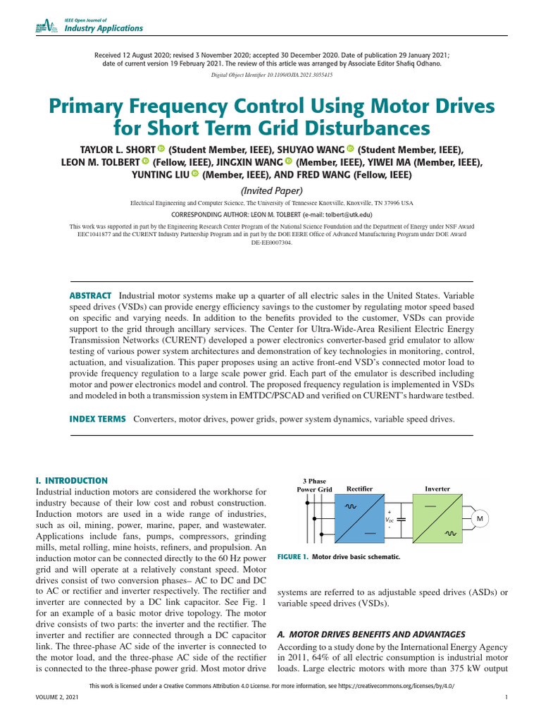Primary Frequency Control Using Motor Drives For Short Term Grid ...