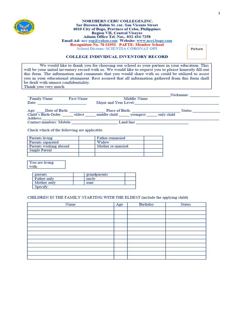 Northern Cebu Colleges Student Inventory Form | PDF | Medicine | Public ...