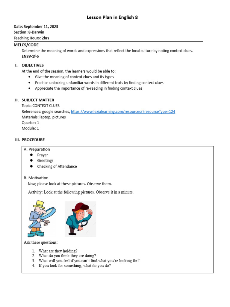 Lesson Plan in English 8: Melcs/Code | PDF