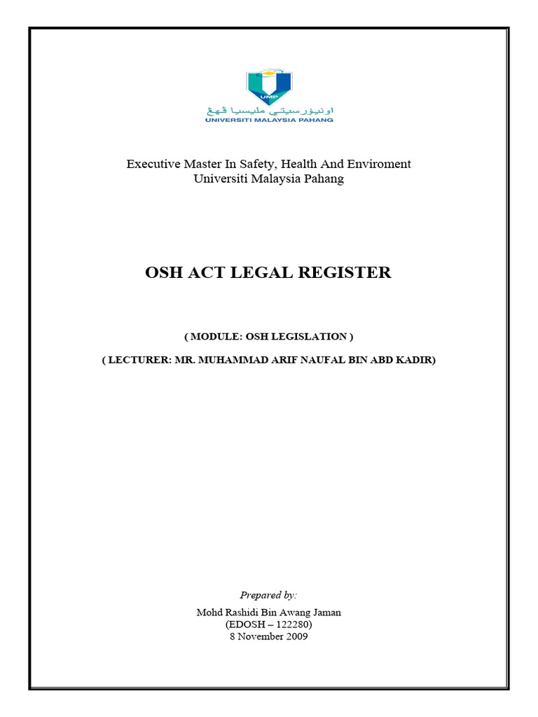 Assignment OSH Act Legal Register | PDF | Occupational Safety And Health | Safety