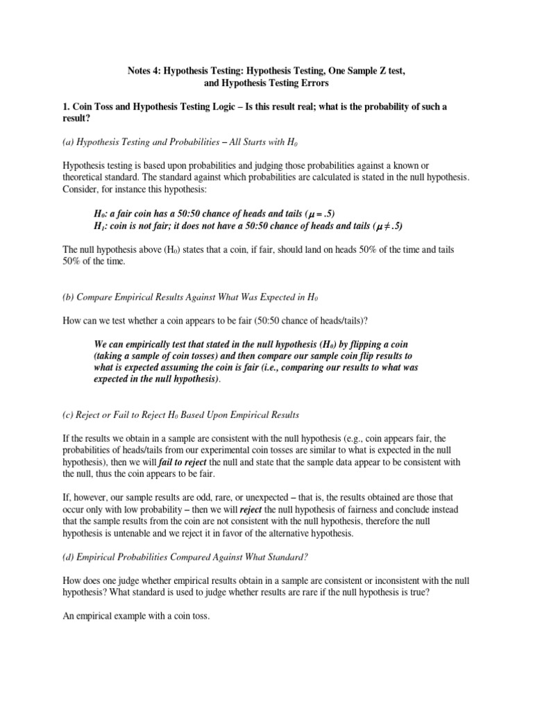 Edur 8131 Notes 4 (Revised) Hypothesis Testing and One Sample Z Test ...
