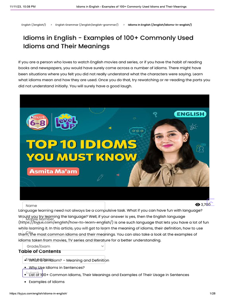 Idioms in English - Examples of 100 - Commonly Used Idioms and Their Meanings | Download Free ...