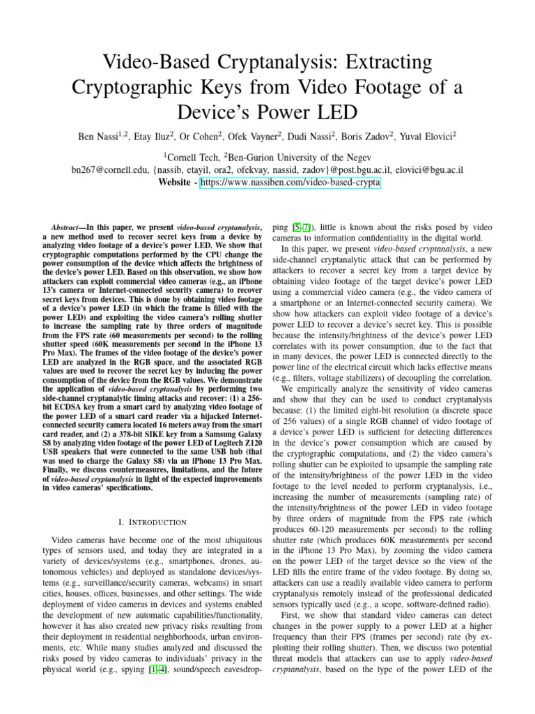 Video-Based Cryptanalysis: Extracting Cryptographic Keys From Video Footage of A Device's Power ...