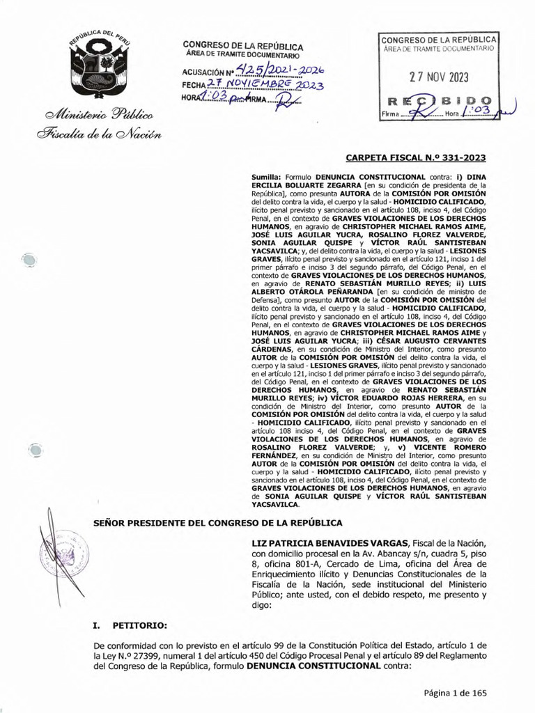 Denuncia Constitucional Contra Dina Boluarte Alberto Otárola Y