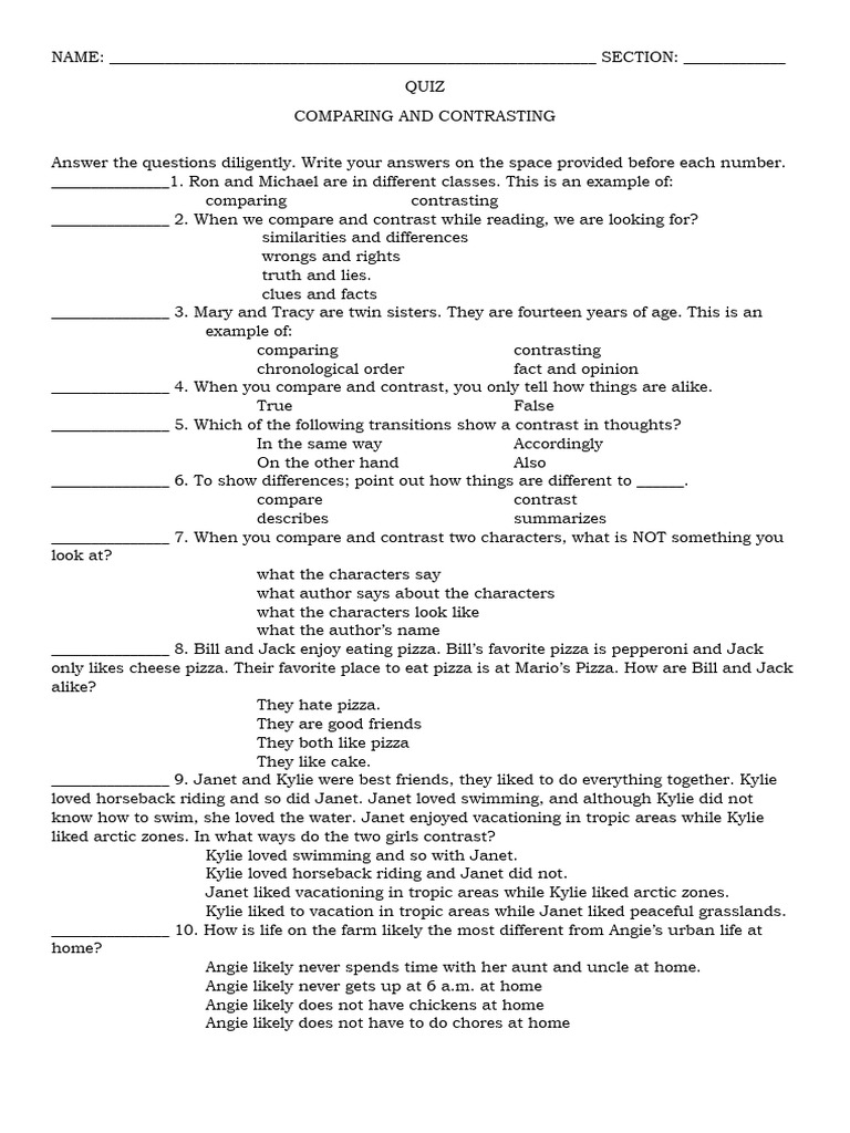 Comparing and Contrast Quiz | PDF