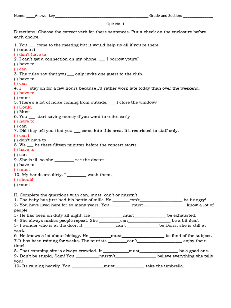 Grade 9 Quiz 1 (Modals Permission, Obligation and Prohibition) | PDF