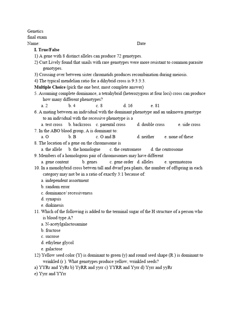 Genetics Exam | PDF | Dominance (Genetics) | Meiosis