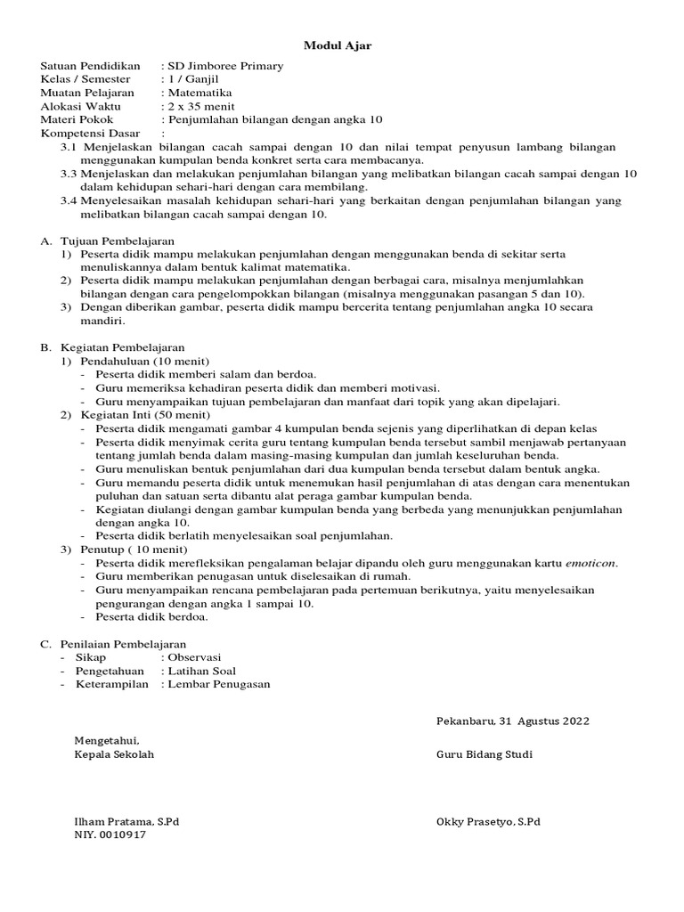 RPP Matematika Kurikulum Merdeka Kelas 1 | PDF | Metode & Bahan Ajar