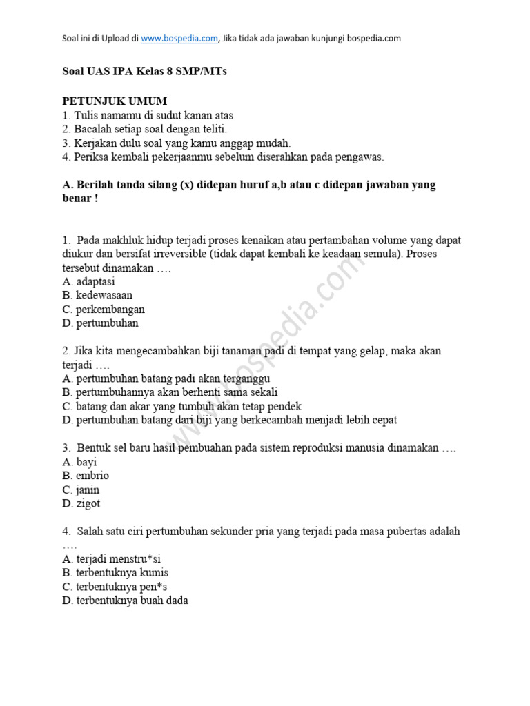 45+ Contoh Soal UAS IPA Kelas 8 SMP MTs Semester Genap | PDF