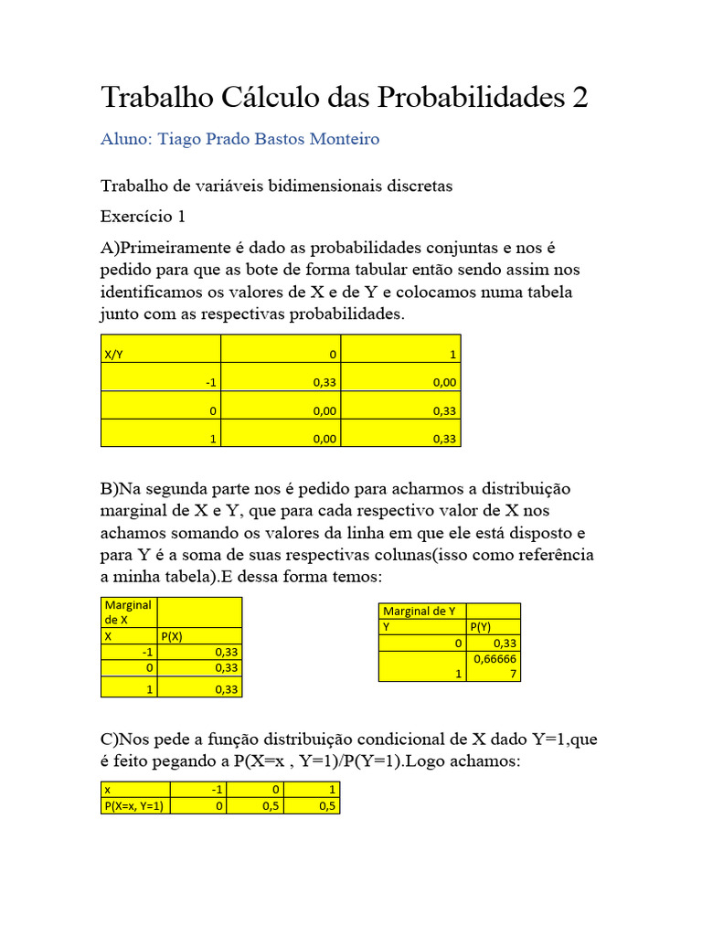 Trabalho Cálculo Das Probabilidades 2-Bidimensional Discreta Tiago Prado Monteiro | PDF ...
