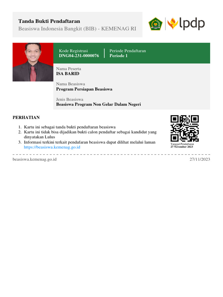 Kartu Pendaftaran Persiapan Beasiswa Isa | PDF | Pengelolaan Keuangan & Uang | Hukum