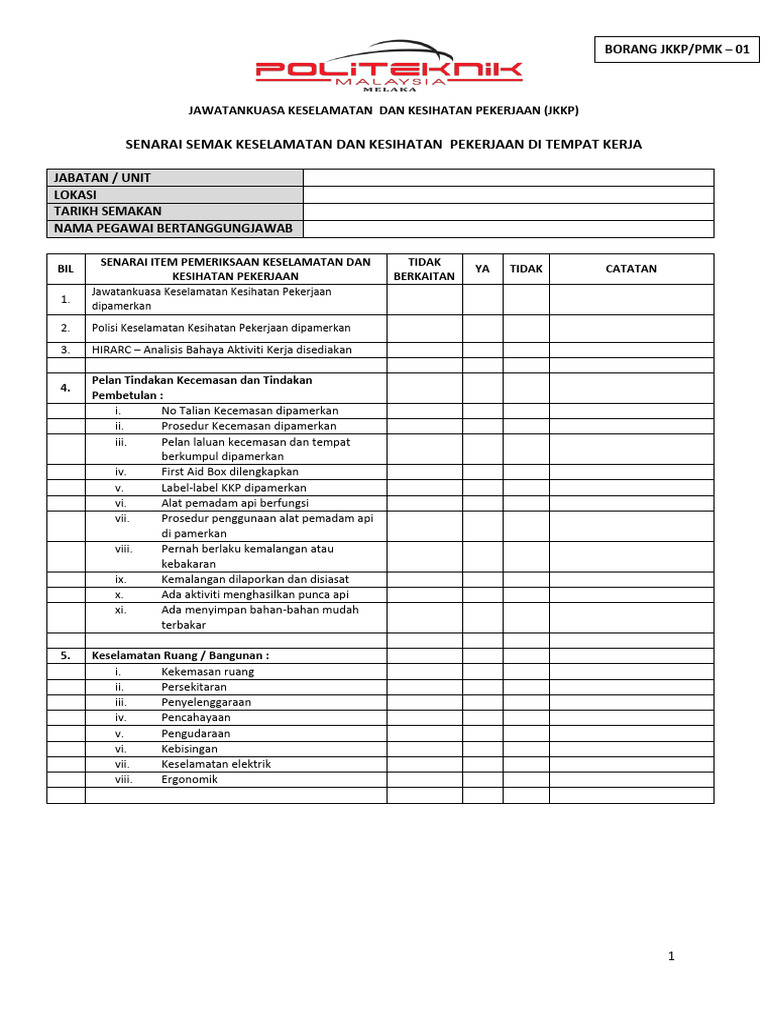 Senarai Semak JKKP Tempat Kerja | PDF