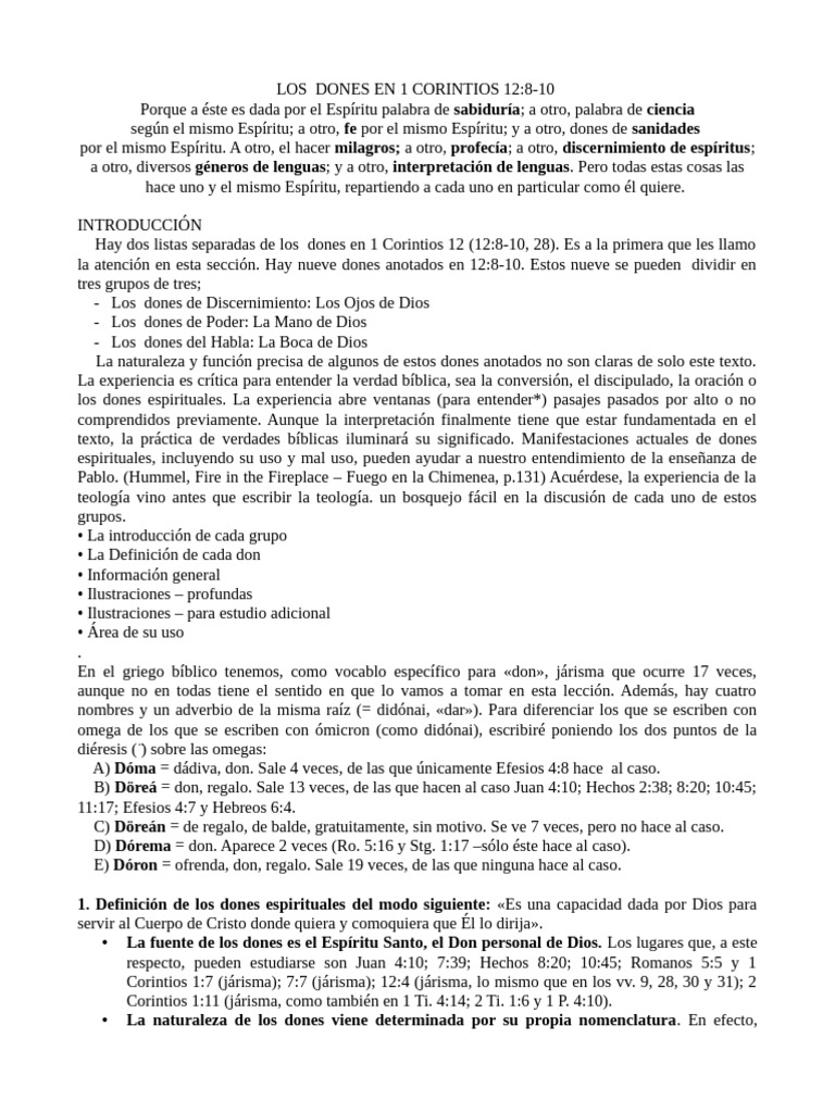 Dones Espirituales en 1 Corintios 12:8-10 | PDF | Primera epístola a ...
