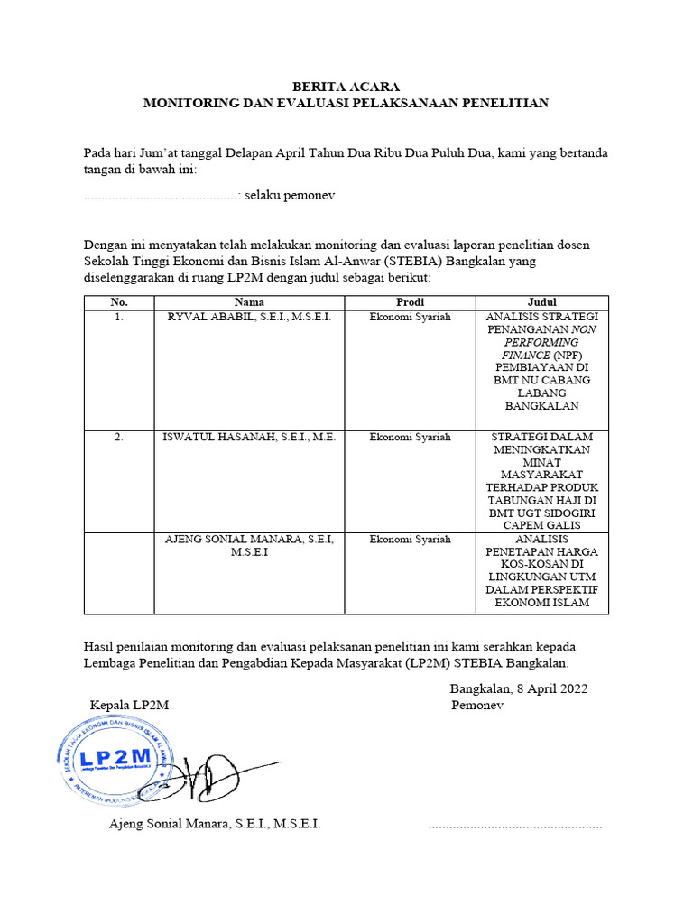 Berita Acara Monev Penelitian ES 2022-2 | PDF