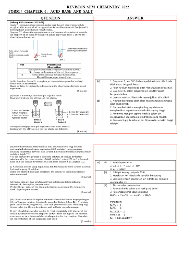 REVISION SPM CHEMISTRY Q 9, 10, 11 2022 Acid Base and Salt | PDF