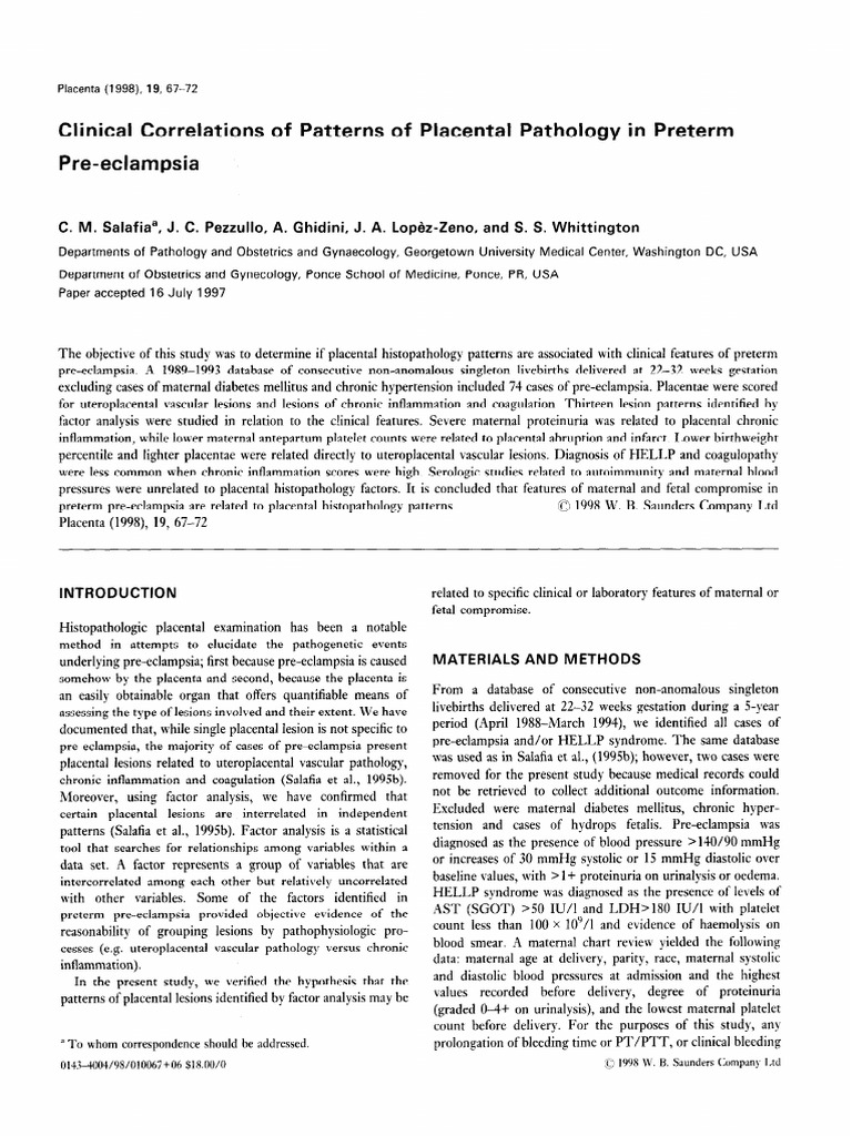 Clinical Correlations of Patterns of Placental Pathology in Preterm ...