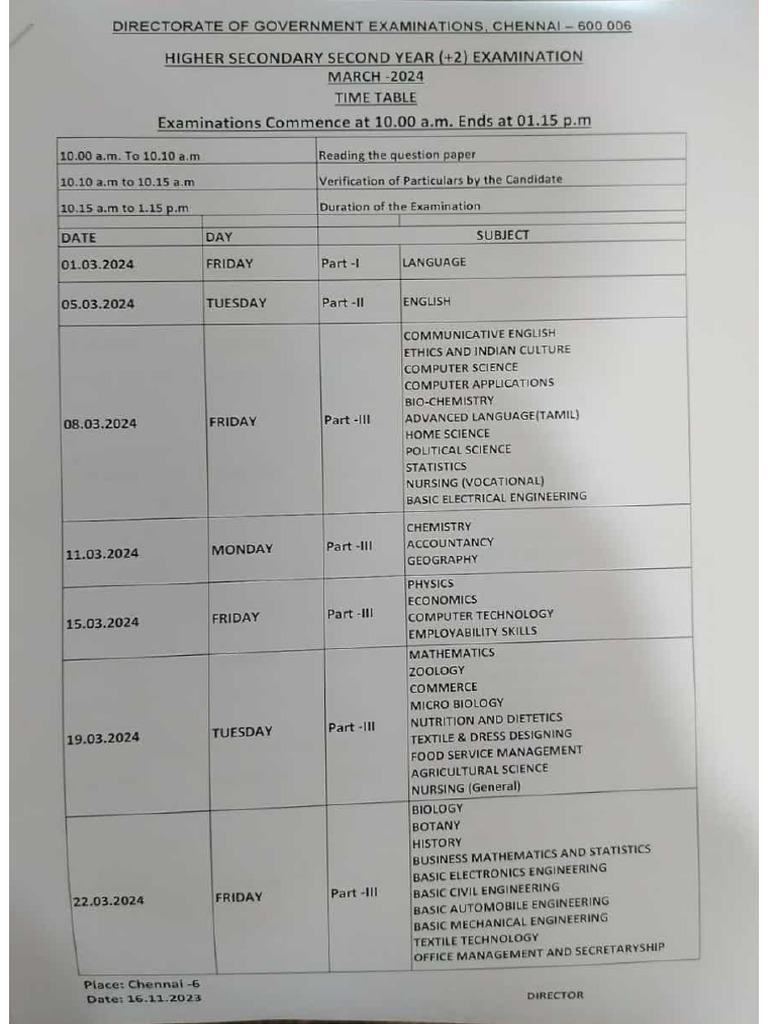 10,11,12 STD Public Exam Time Table 2024 | PDF