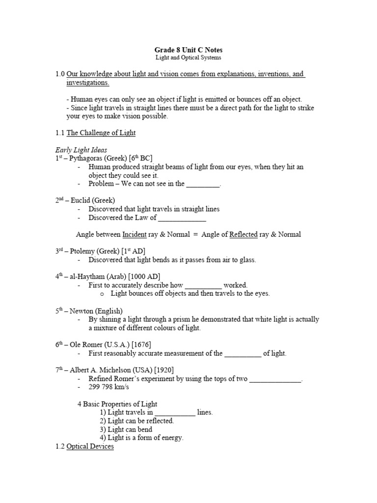 Grade 8 Unit C FITB Notes | Download Free PDF | Reflection (Physics) | Eye