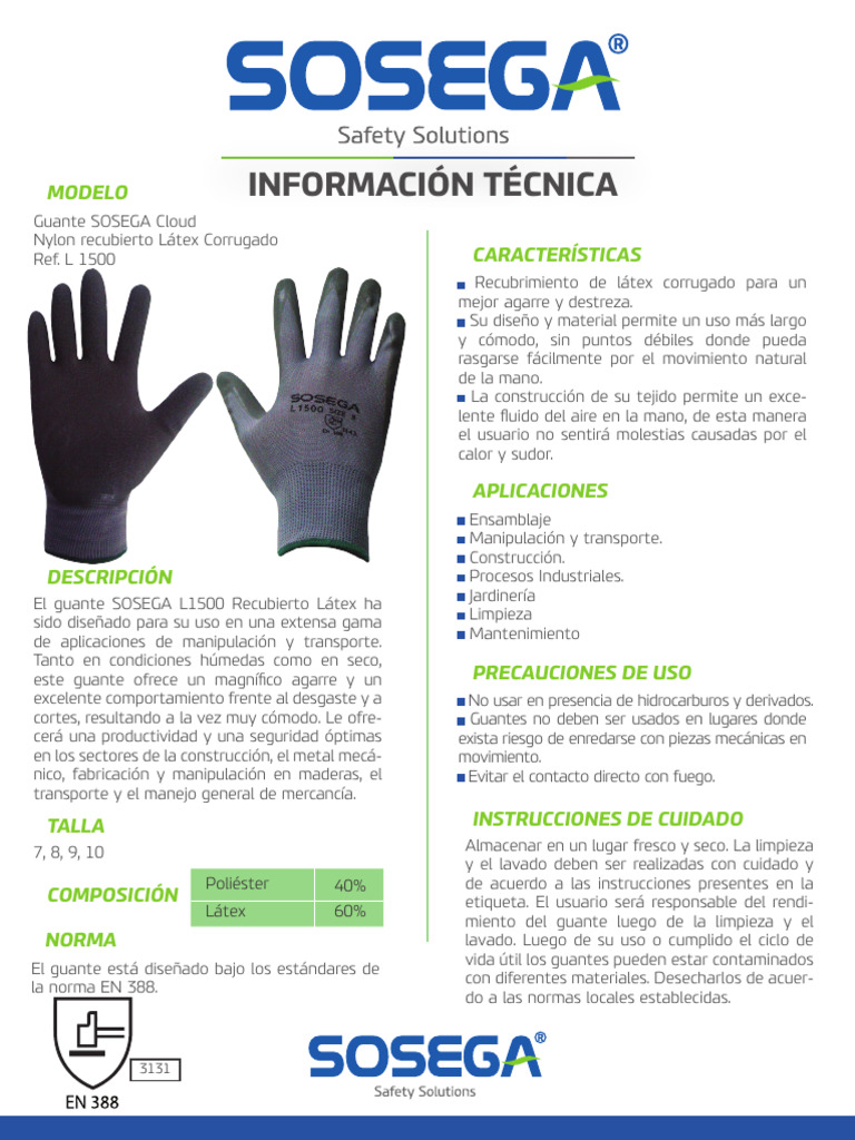 Guante SOSEGA L1500: Agarre y Seguridad | PDF | Guante | Materiales