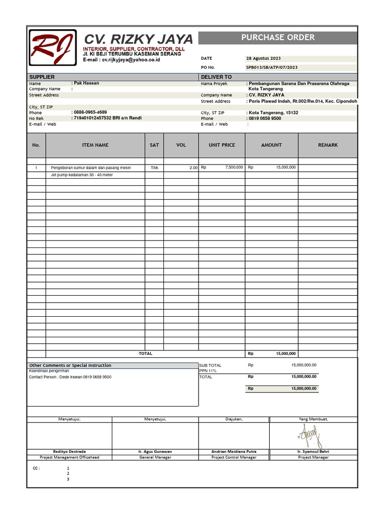 PO - 006 Pekerjaan Sumur Dalam | PDF