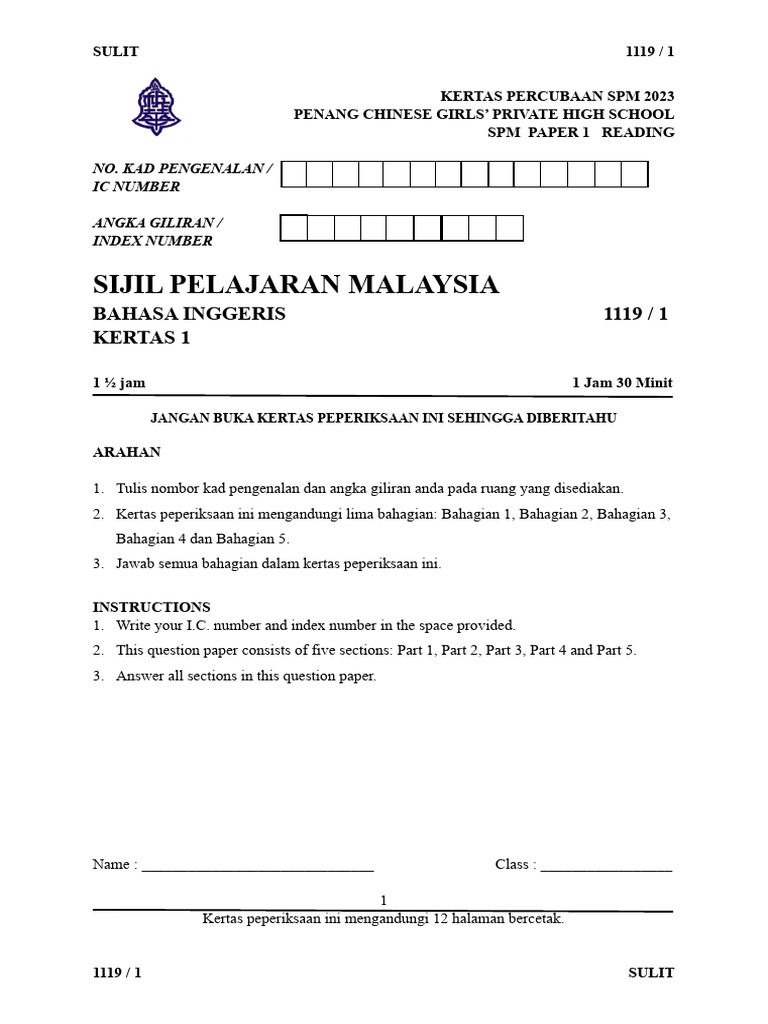 Kertas Percubaan SPM 2023 - Paper 1 | PDF | Adolescence