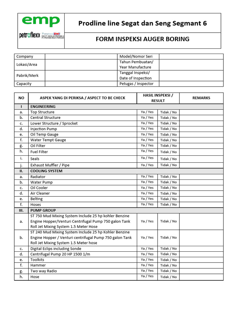 Form Inspeksi Mesin Auger Boring | PDF