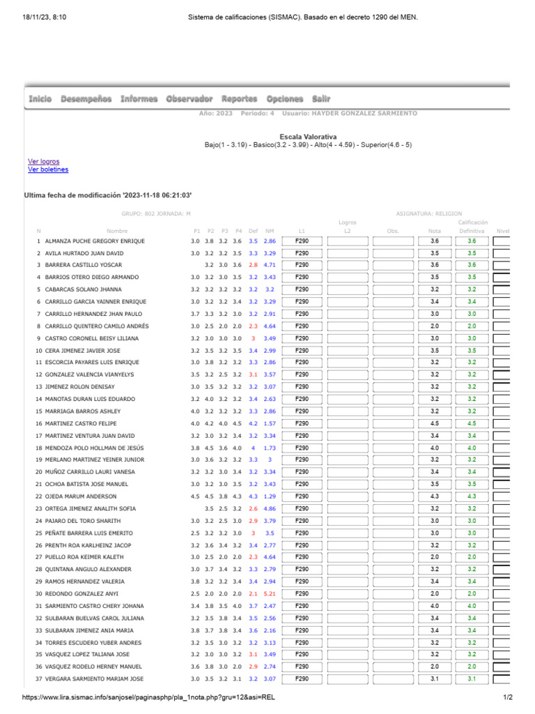 Sistema de Calificaciones (SISMAC) - Basado en El Decreto 1290 Del MEN ...