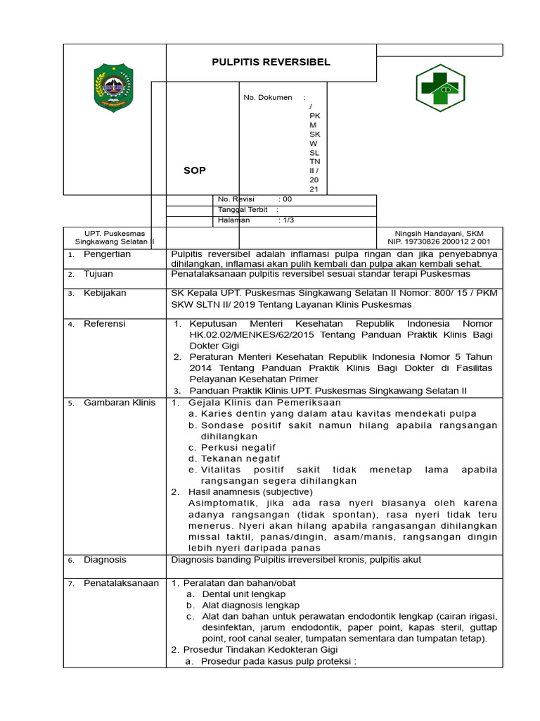 SOP Pulpitis Reversibel | PDF