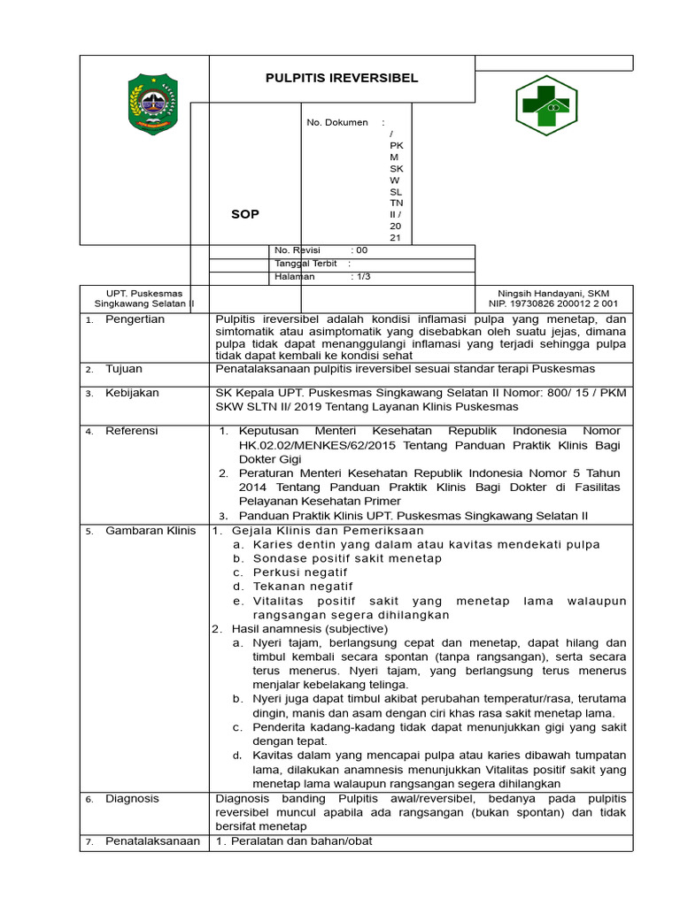 SOP Pulpitis Ireversibel | PDF