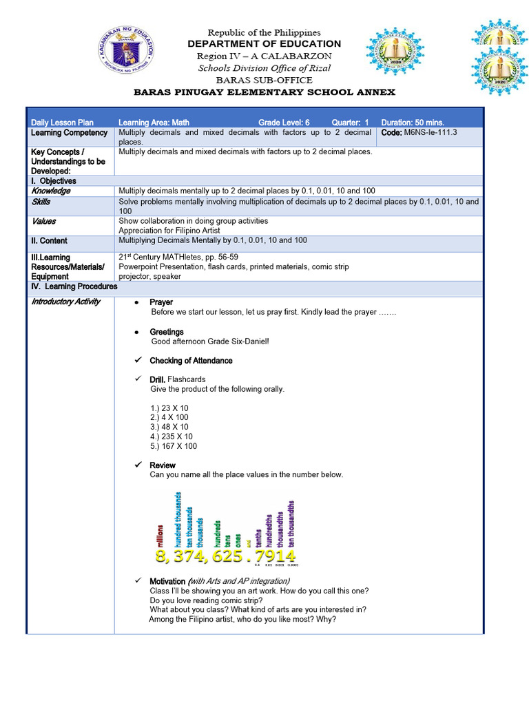 COT Q1 - Math 6 | PDF | Numbers | Multiplication