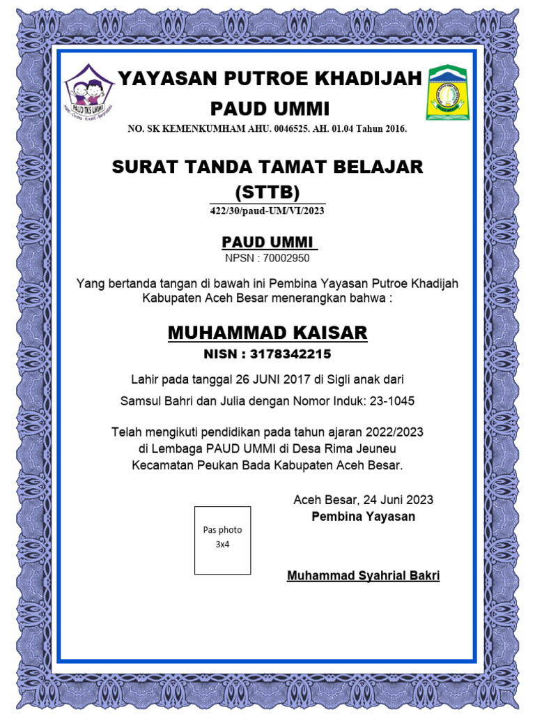 Contoh STTB PAUD UMMI 2023 | PDF