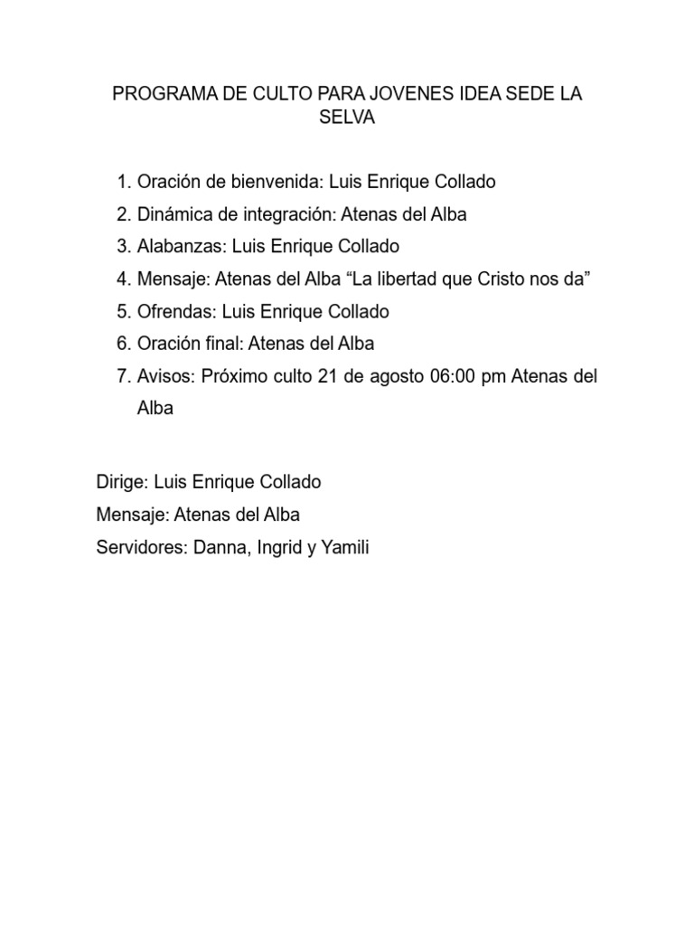 Programa de Culto para Jovenes Idea Sede La Selva 07-10-23 | PDF | Cristo (título) | Pecado