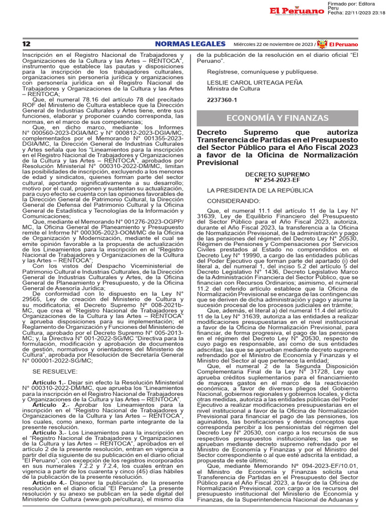 Decreto Supremo 254-2023-Ef | PDF | Presupuesto | Perú
