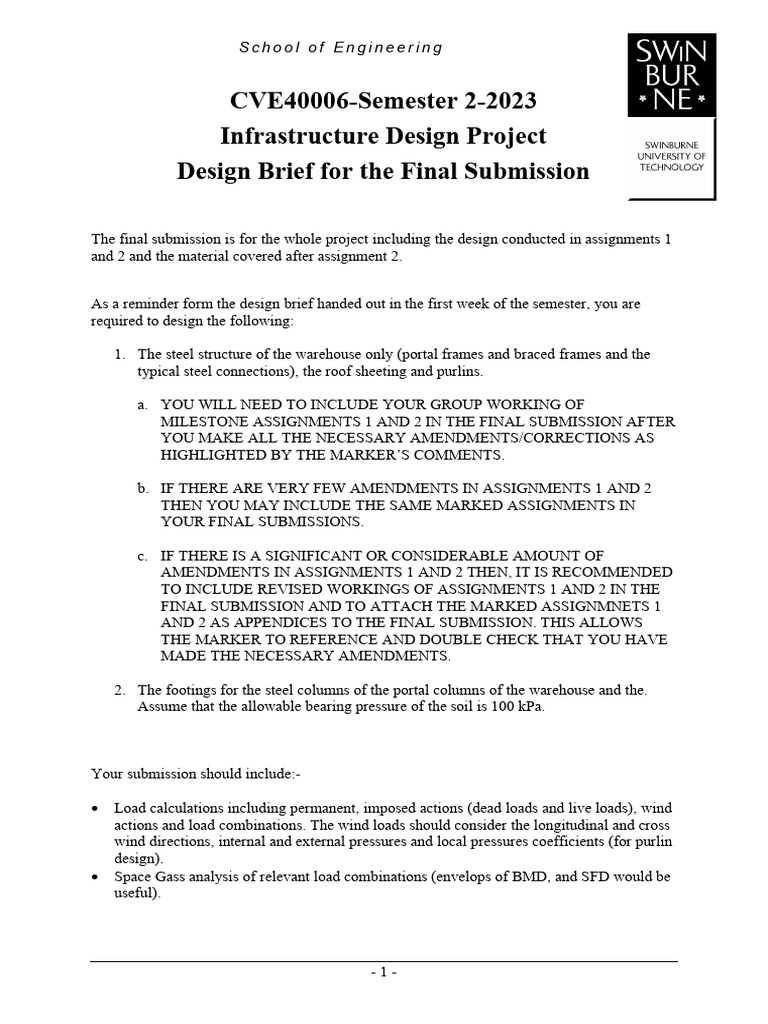 Brief For Final Submission of The Design Report For CVE40006 - Sem2-2023 | PDF | Physical ...