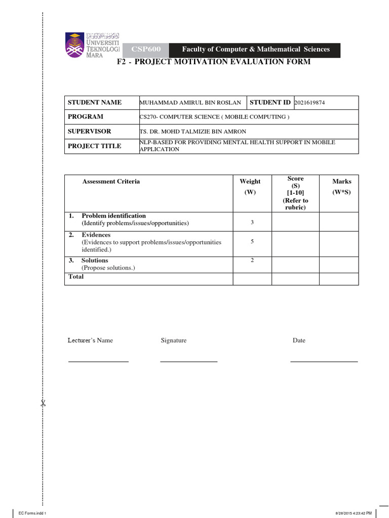 F2 Project Motivation Evaluation Form | PDF