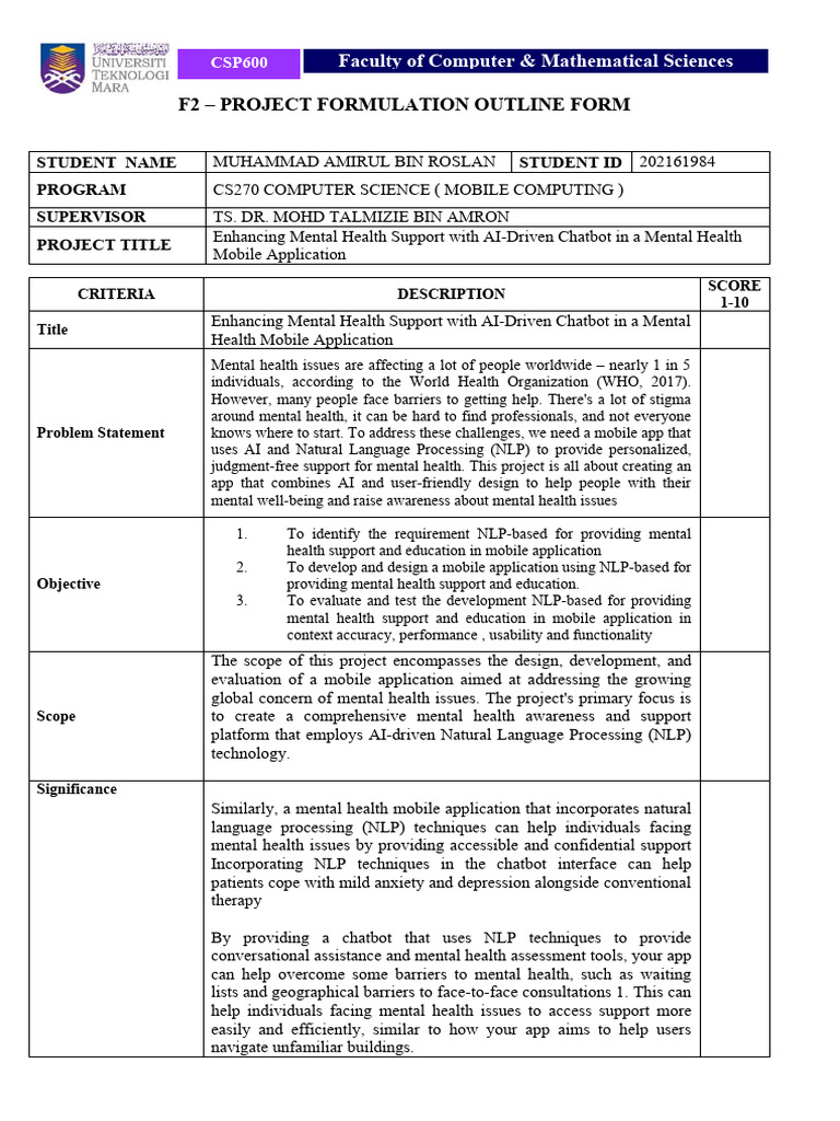 F2 Proposal Outline Form | PDF | Mobile App | Mental Health