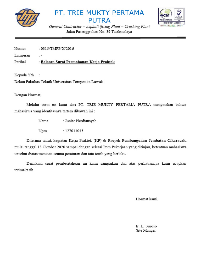 Contoh Surat Balasan Kerja Praktek PDF Free | PDF