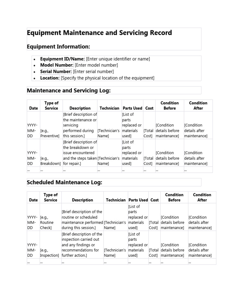 Equipment Maintenance Record Template | PDF | Soil | Earth Sciences