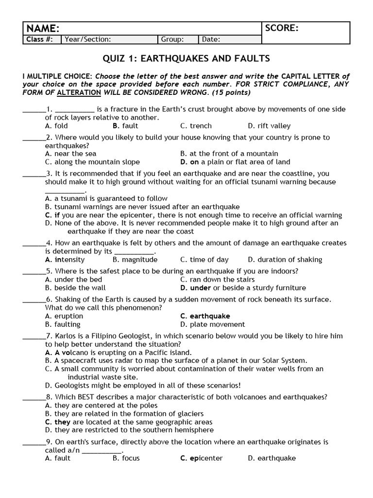 Earthquake and Faults Quiz Guide | PDF | Earthquakes | Fault (Geology)