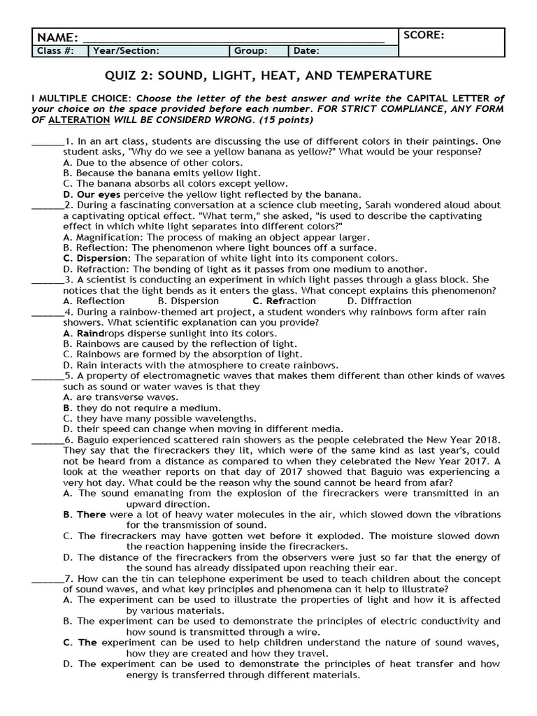 Science 8 1st Quiz 2 Sound, Light, Heat and Temperature 11 | PDF ...