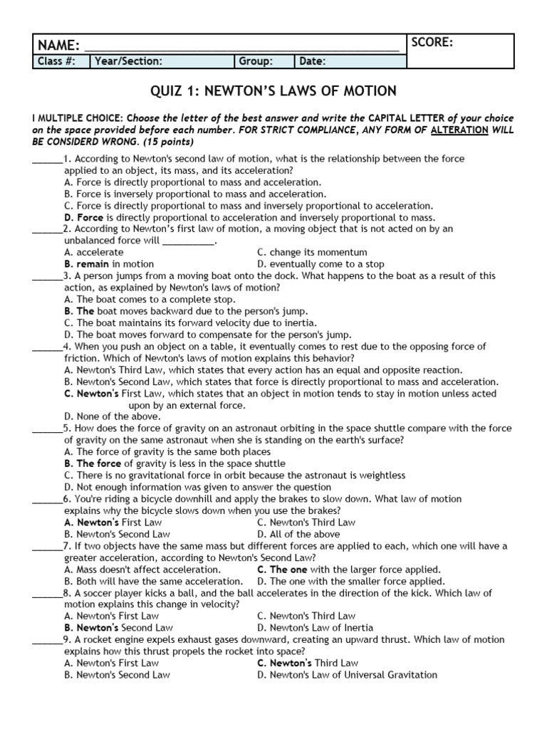 Newton's Laws of Motion Quiz | PDF | Force | Newton's Laws Of Motion