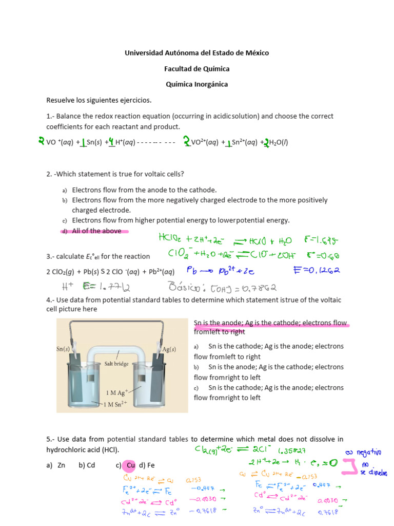 Redox Reactions and Voltaic Cells Exercises | PDF | Anode | Electrode