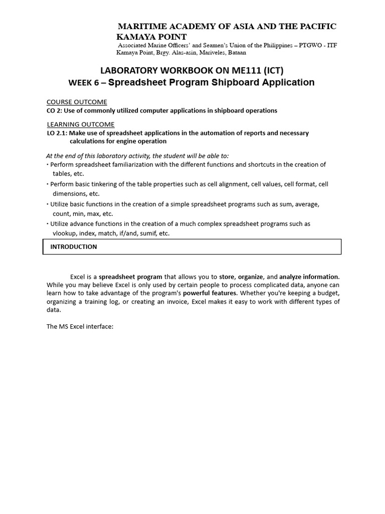 ICT Laboratory Exercise No 6 - Spreadsheet Program Shipboard ...