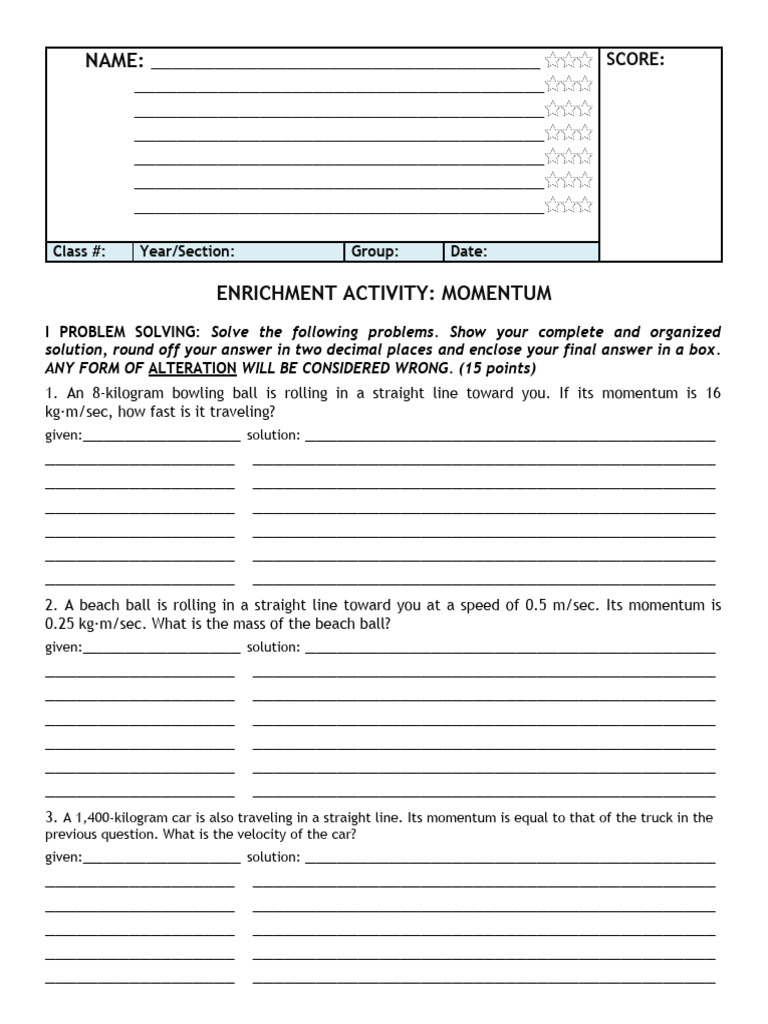 Science 9 4th Enrichment Activity | PDF | Momentum | Motion (Physics)