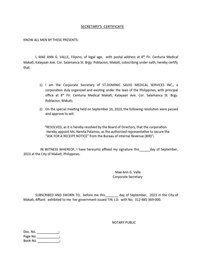 Secretarys Certificate ST Dominic | PDF
