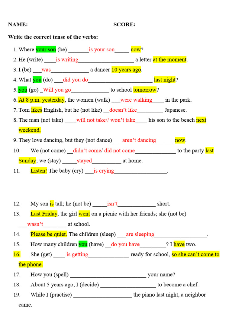 Tenses For Kids - Test 5 - Keys | PDF