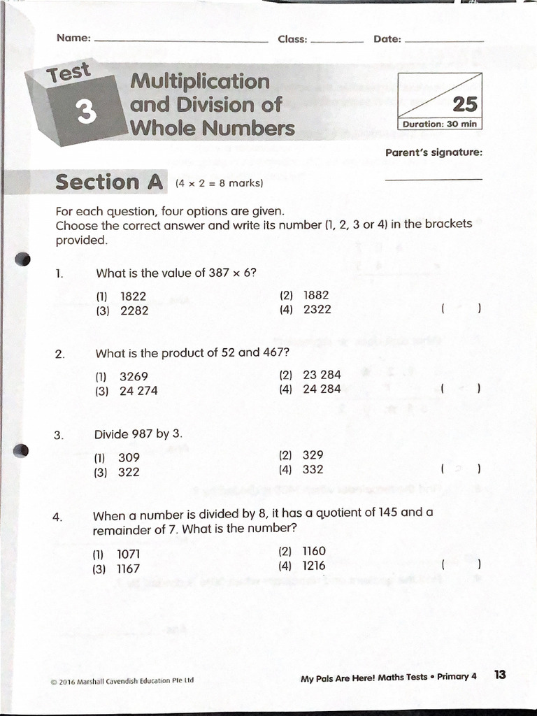 Math - Gr4 - Ch3 - Multiplication and Division of Whole Numbers (Test ...