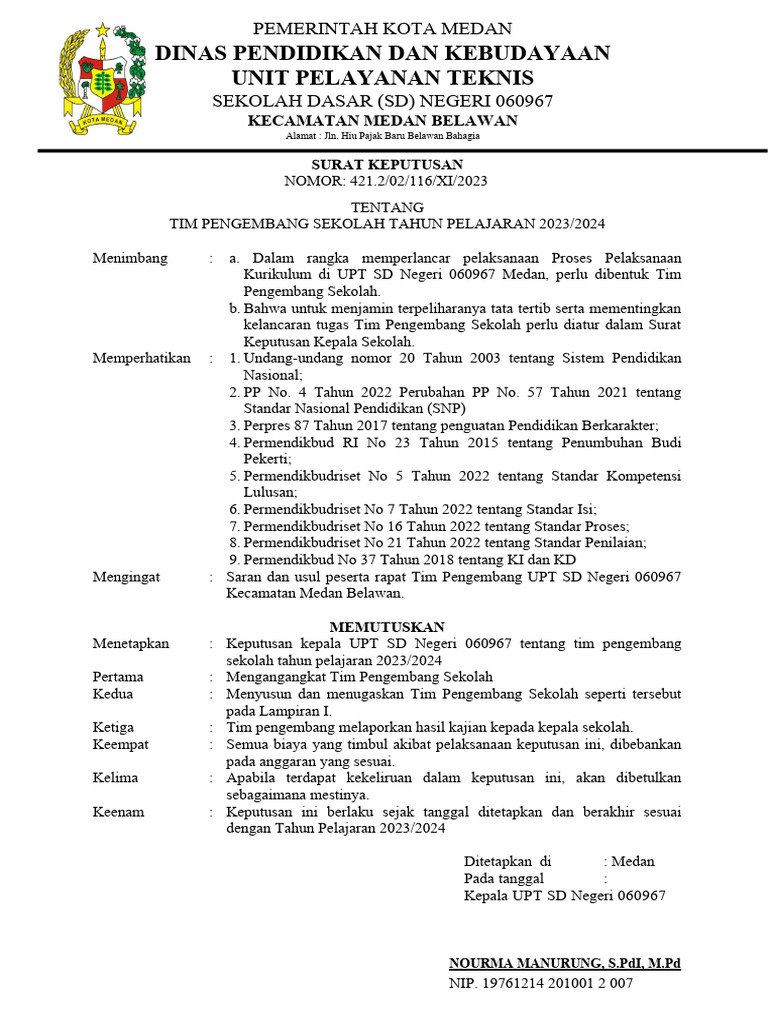 SK Tim Pengermbang Kurikulum SK Penetapan KTSP | PDF