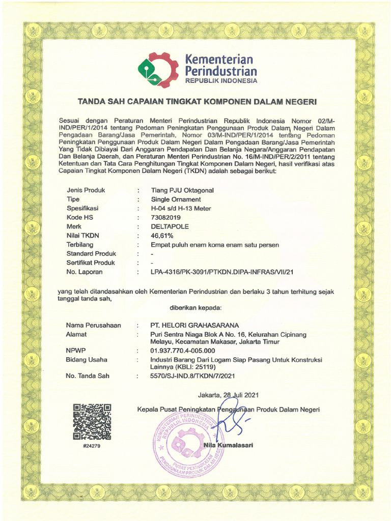 Sertif TKDN Tiang Pju Oktagonal Single Arm | PDF