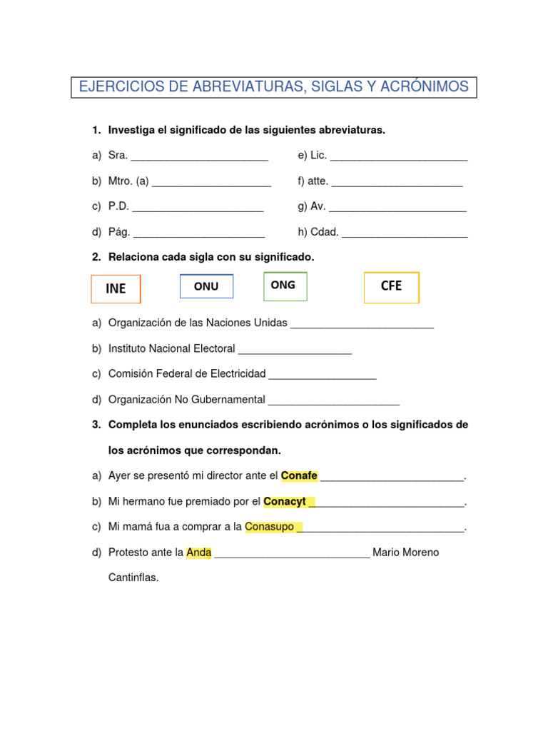 Ejercicios de Abreviaturas, Siglas y Acrónimos | PDF | Informática